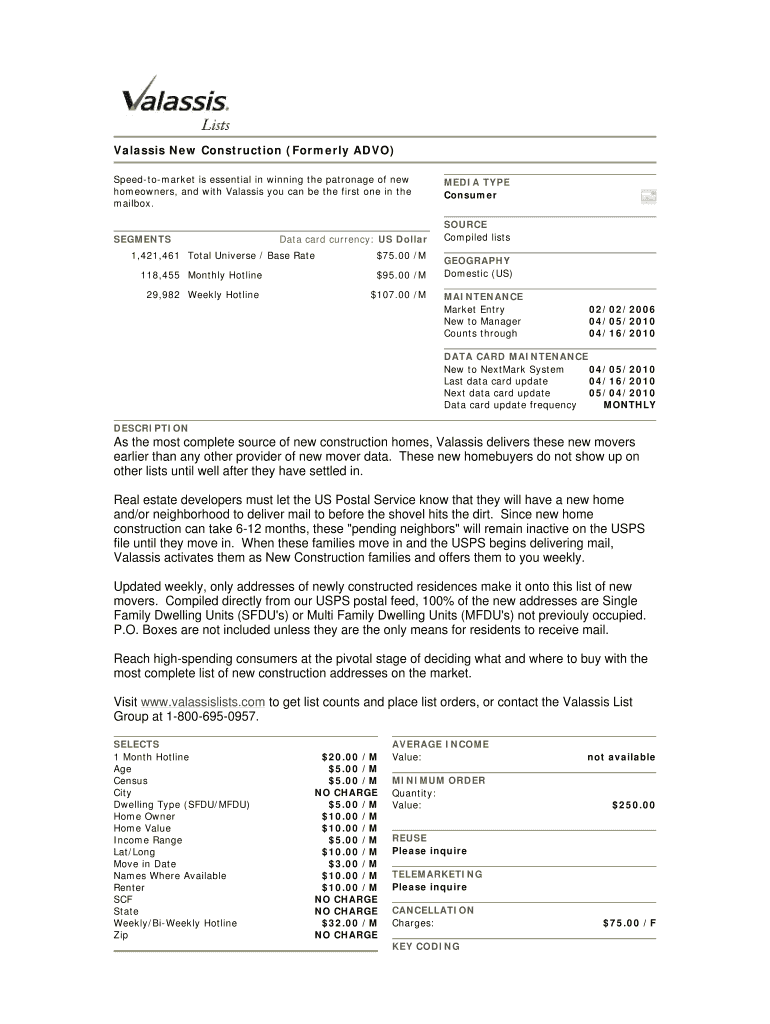 Fillable Online Print Valassis New Construction Formerly ADVO Page 1 of ...