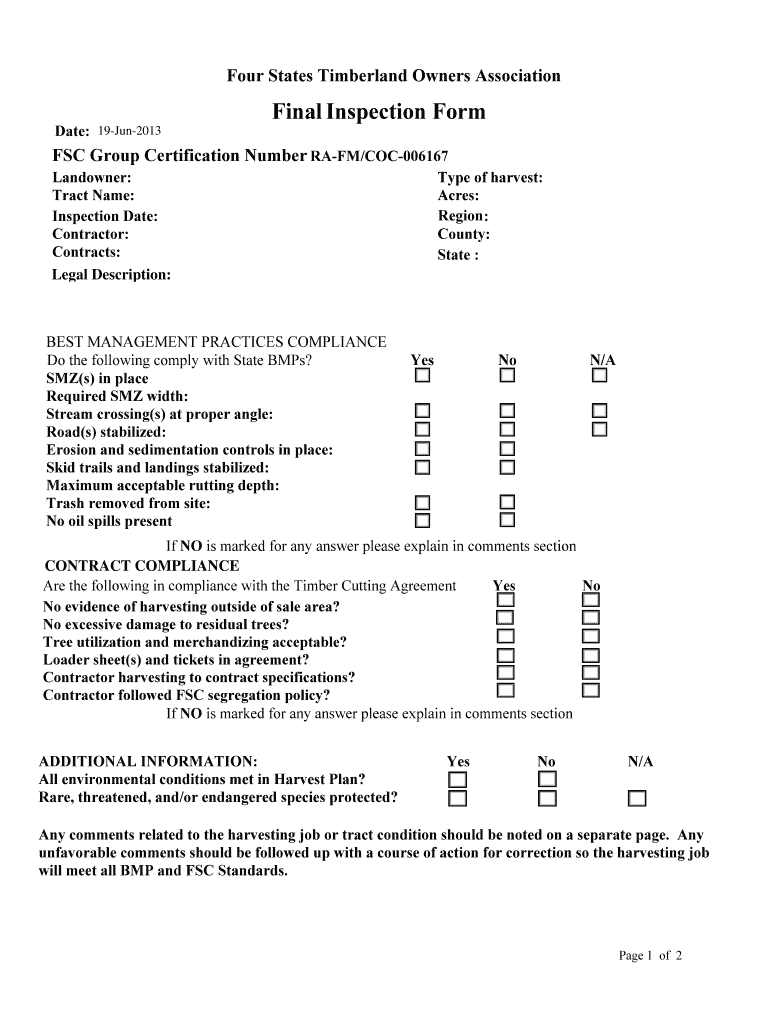 Fillable Online Final Inspection Form - bfourstatestimberlandownersb ...
