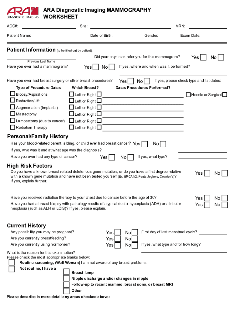 Fillable Online information worksheet mammogram Fax Email Print - pdfFiller