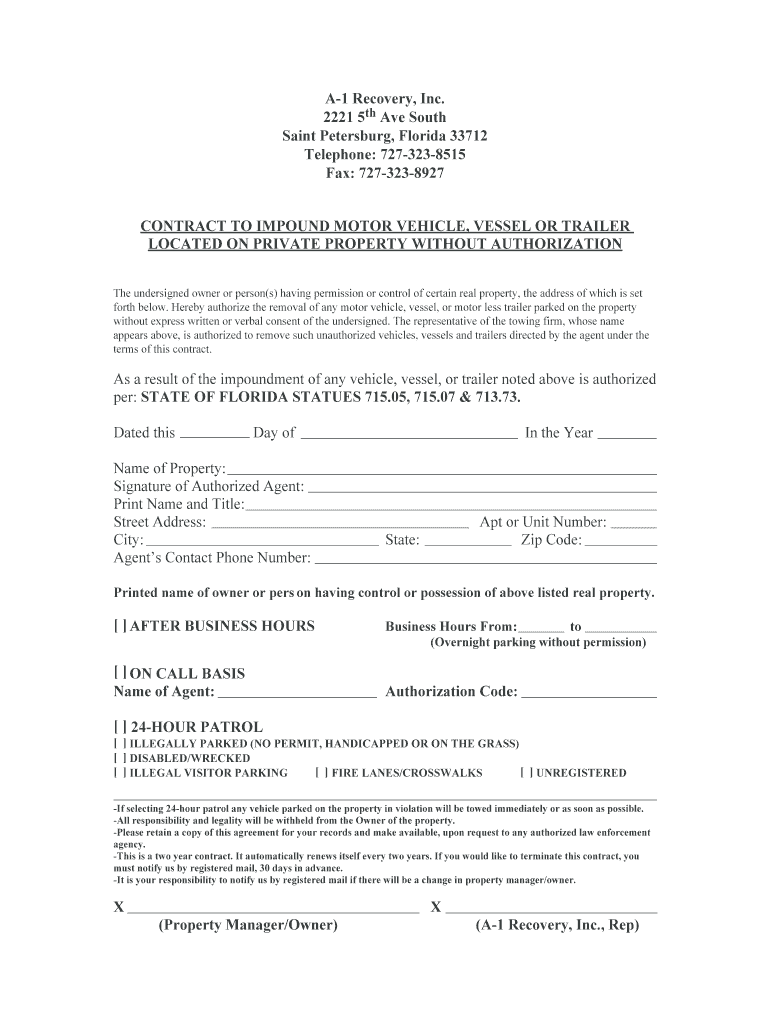 Fillable Online CONTRACT TO IMPOUND MOTOR VEHICLE ... - A-1 Recovery ...