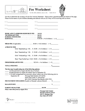 Fillable Online messiahschool Fee Worksheet - messiahschoolorg Fax ...