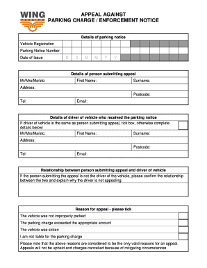 Fillable Online APPEAL AGAINST PARKING CHARGE / ENFORCEMENT NOTICE ...