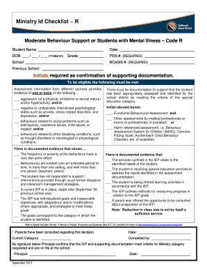 Fillable Online ssc sd33 bc Ministry Id Checklist R Moderate Behaviour ...