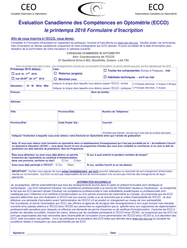 Remplissable En Ligne ceo-eco CACO Registration Form (Spring 2016) - FR ...