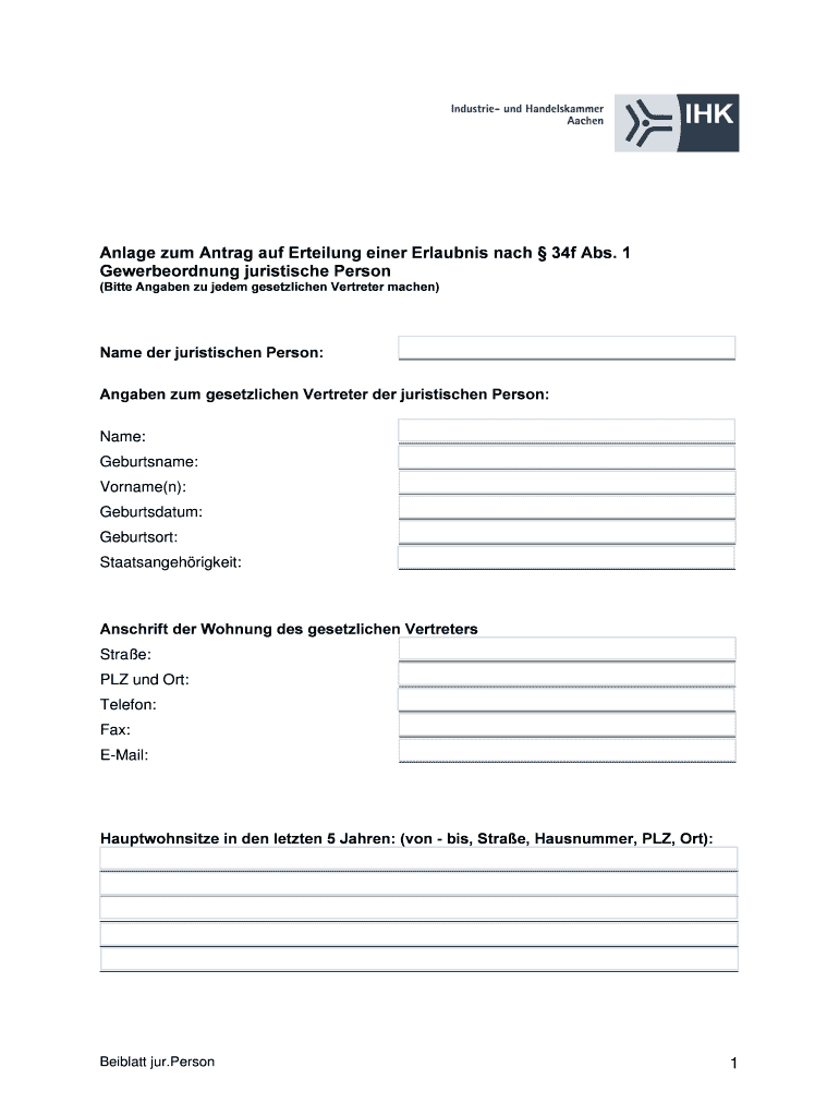 Ausfüllbar Online aachen ihk Anlage zum Antrag auf Erteilung einer Erlaubnis nach 34f Abs Fax ...