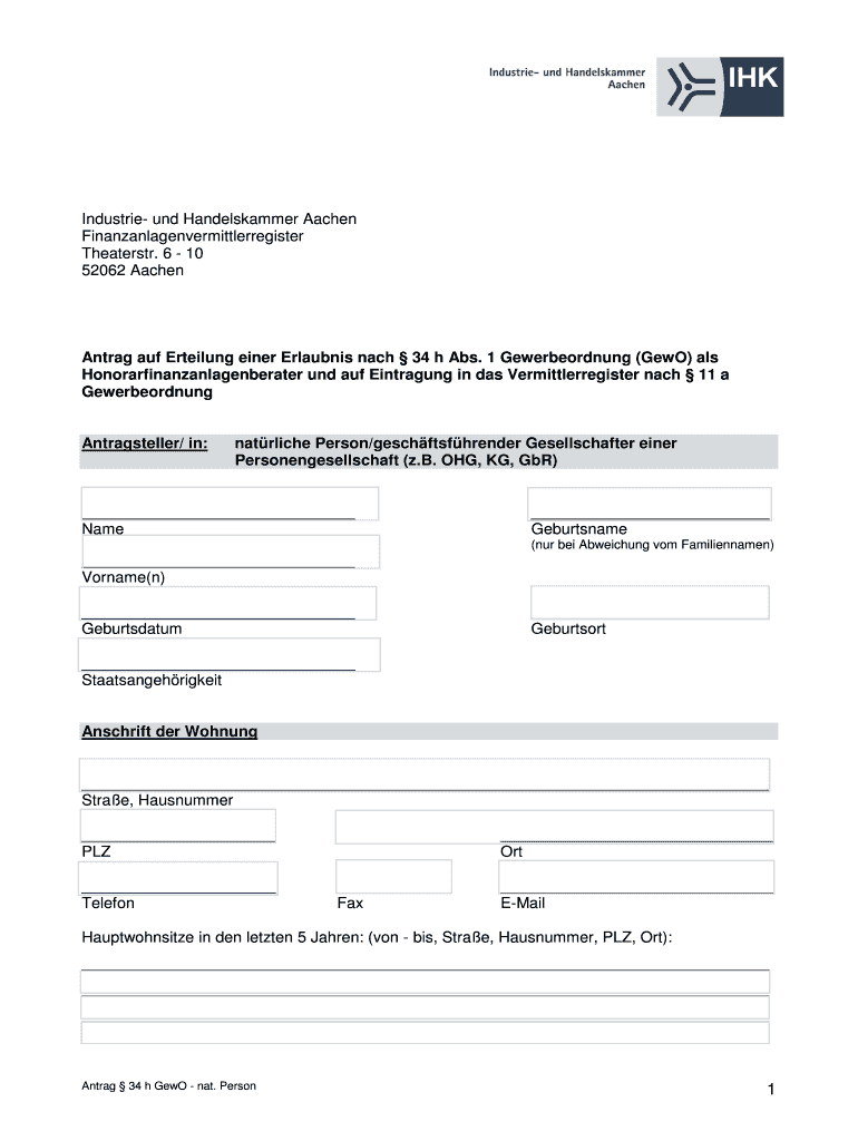 Ausfüllbar Online aachen ihk Antrag auf Erteilung einer Erlaubnis nach 34 h Abs 1 Gewerbeordnung ...