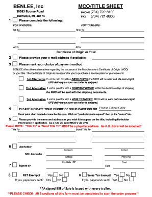 Fillable Online MCO Title Sheet Form - Benlee.com Fax Email Print ...