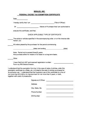 Fillable Online FET Exemption Form - Benlee.com Fax Email Print - pdfFiller