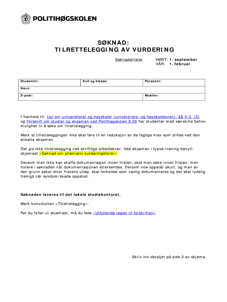Fillable Online S knad om tilrettelegging av vurdering (bokm l) (PDF) Fax Email Print - pdfFiller