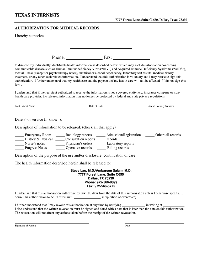 Fillable Online AUTHORIZATION FOR MEDICAL RECORDS - Texas Internists ...