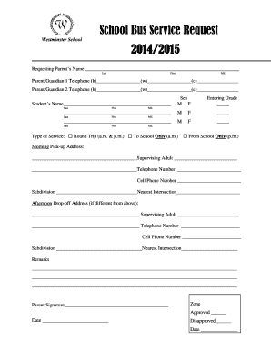 Fillable Online School Bus Service Request Westminster School Fax Email ...