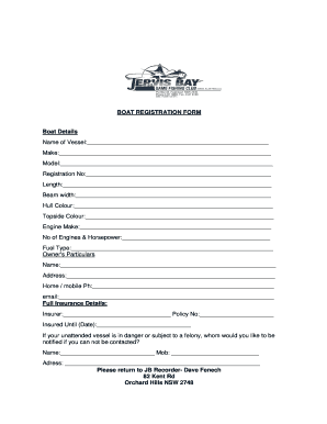 Fillable Online BOAT REGISTRATION FORM Boat Details Name of Vessel Make ...