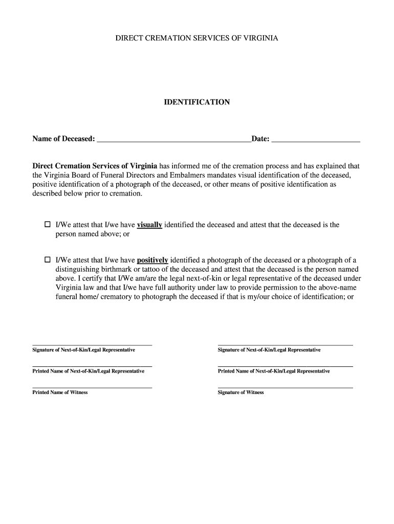 Fillable Online IDENTIFICATION Name of Deceased Date Direct Cremation ...
