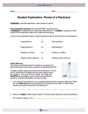 Fillable Online Student Exploration Period of a Pendulum - myscience8com Fax Email Print - pdfFiller