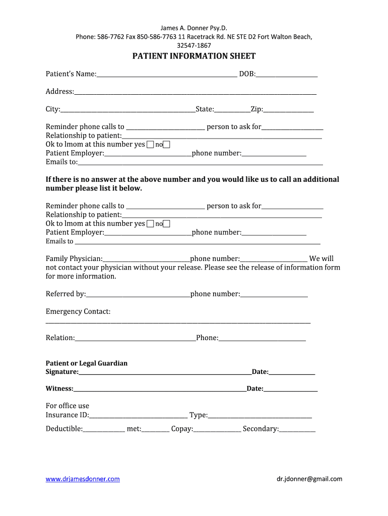 Fillable Online PATIENT INFORMATION SHEET - James Donner Psy D Fax ...