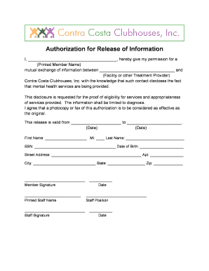 Fillable Online putnamclubhouse Authorization for Release of Information I, , hereby give my ...