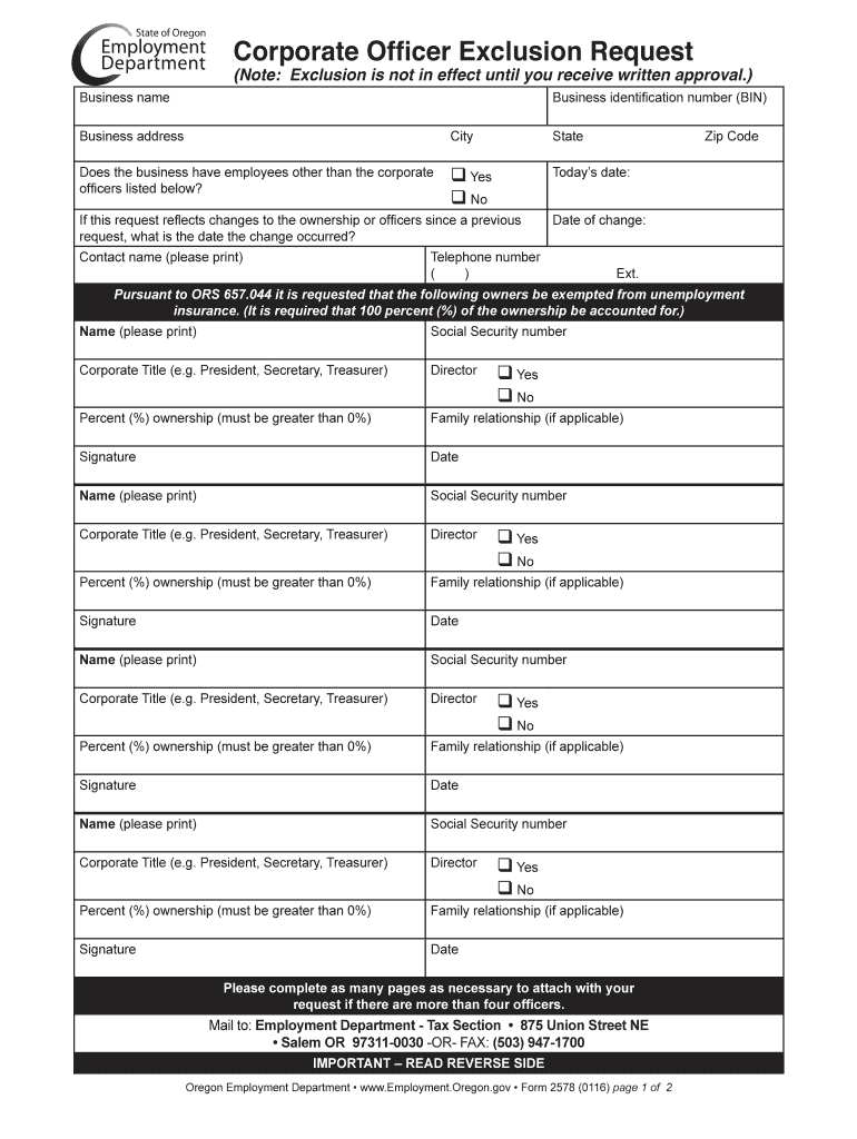 Fillable Online oregon officer exclusionCorporate Officer Exclusion ...