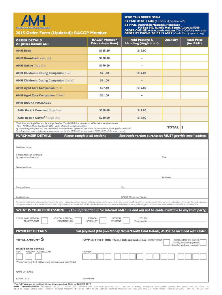 Fillable Online shop amh net 2015 Order Form Updated RACGP Member ...