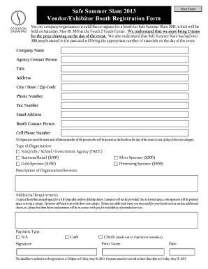 Fillable Online operationsamahan Safe Summer Slam 2013 Vendor/Exhibitor ...