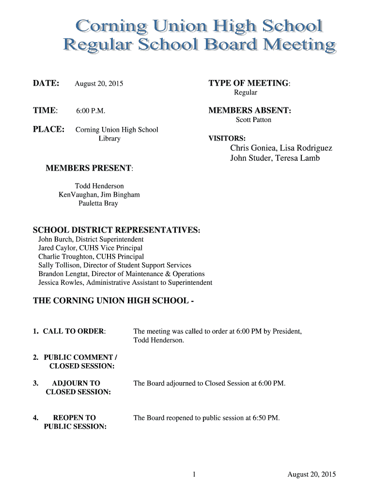 Fillable Online cuhsdistrict John Studer Teresa Lamb MEMBERS PRESENT ...