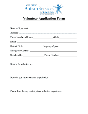 Fillable Online childrensautism Volunteer Application Form - Childrens ...