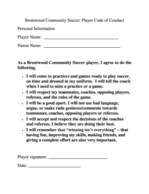 Fillable Online Brentwood Community Soccer: Player Code of Conduct ...