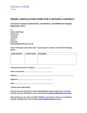 Fillable Online helenarkell org MODEL CANCELLATION FORM FOR A DISTANCE ...