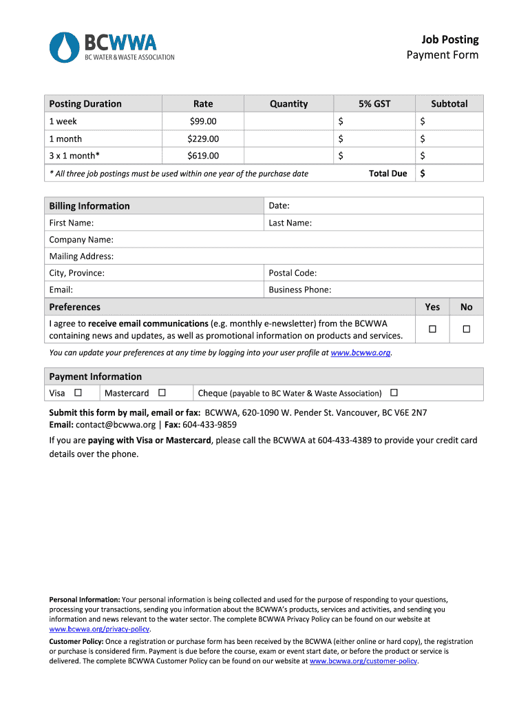 Fillable Online bcwwa 02 - Job posting payment form - BC Water Waste Association Fax Email Print ...