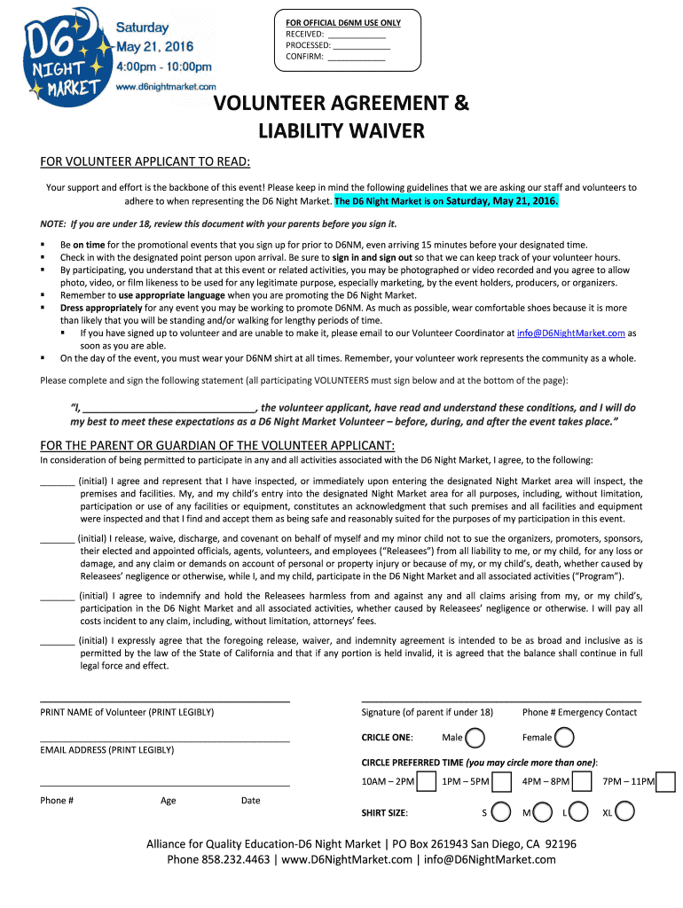 Fillable Online Volunteer Application - D6 Night Market Fax Email Print ...