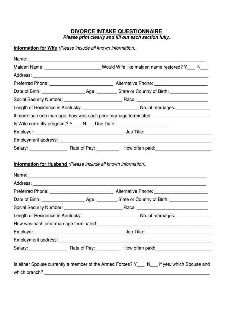 Fillable Online DIVORCE INTAKE QUESTIONNAIRE ...