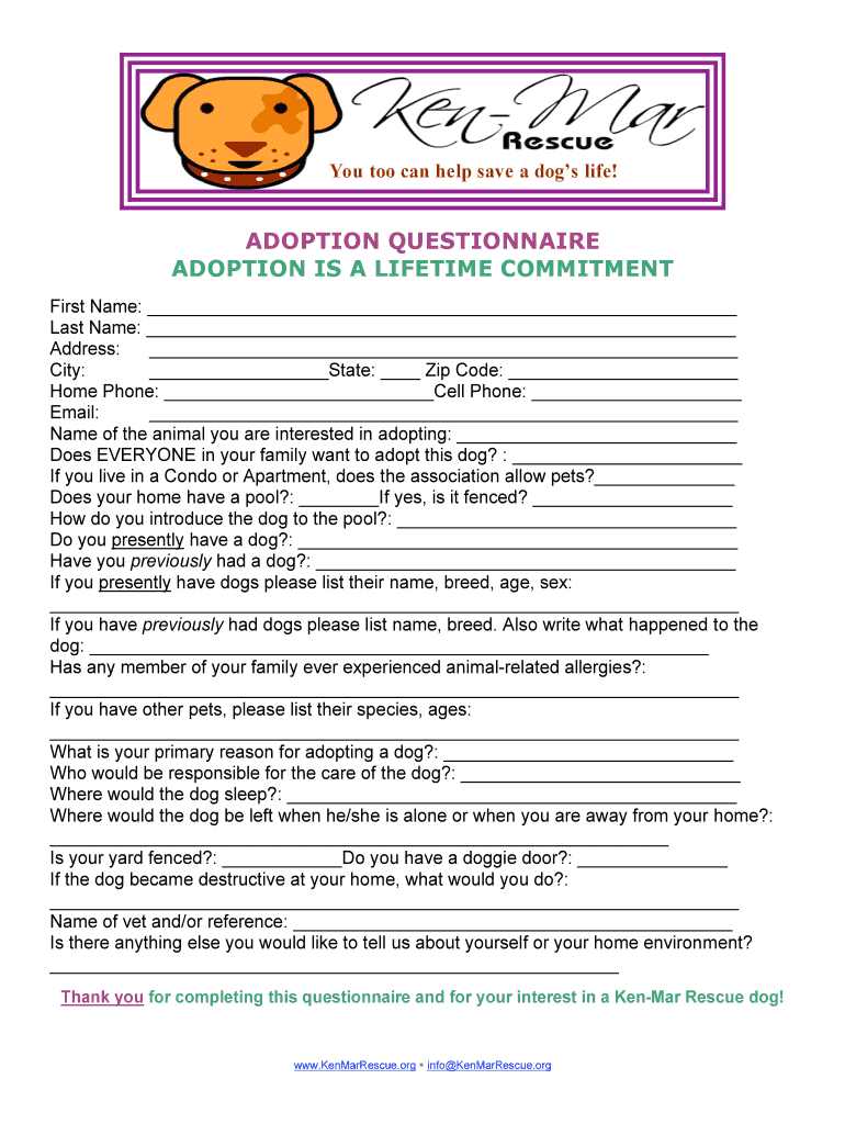 Fillable Online kenmarrescue Adoption questionnaire adoption is a ...