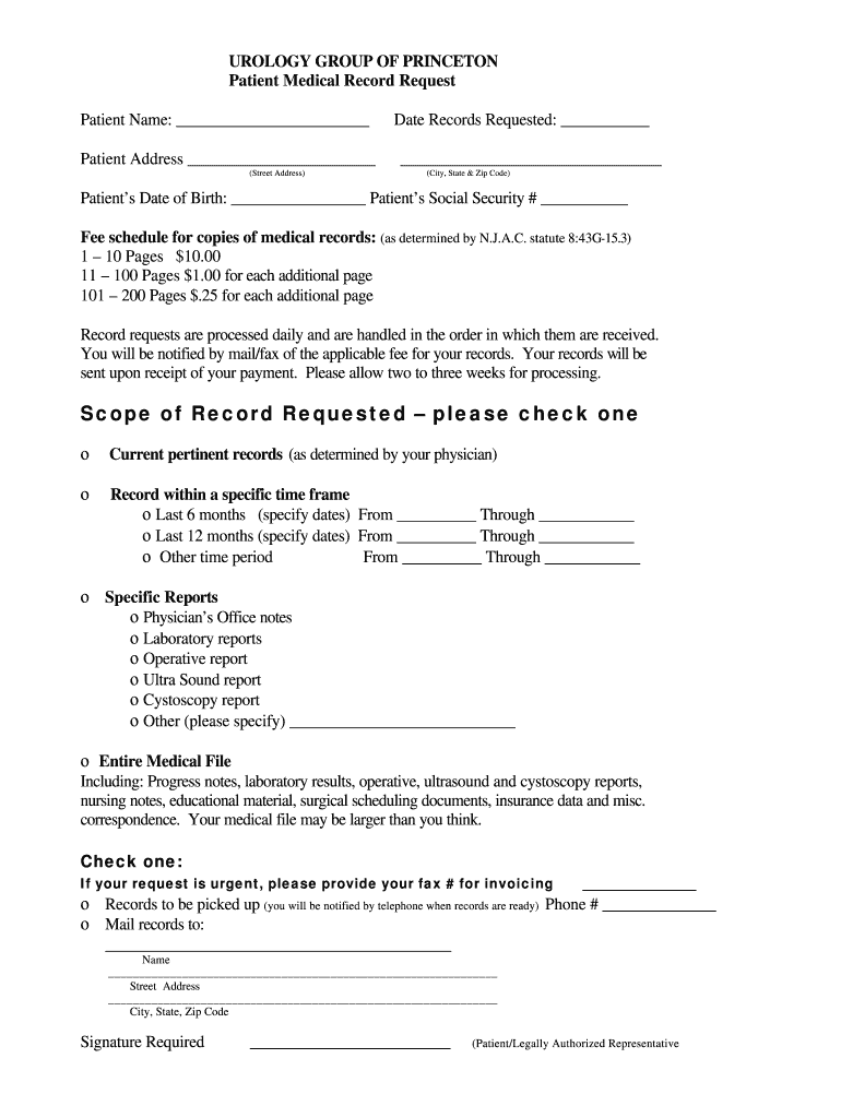 Fillable Online Patient Medical Record Request - Urology Group of ...