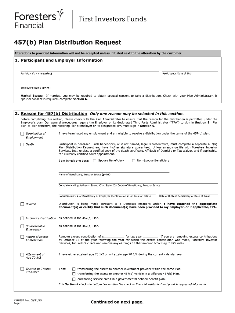 Fillable Online 457b Plan bDistribution Requestb - Foresters Fax Email Print - pdfFiller