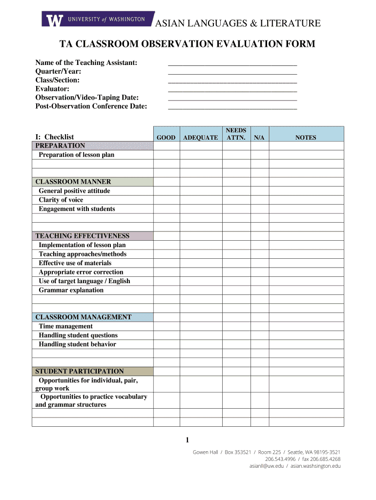 Fillable Online asian washington TA CLASSROOM OBSERVATION EVALUATION ...