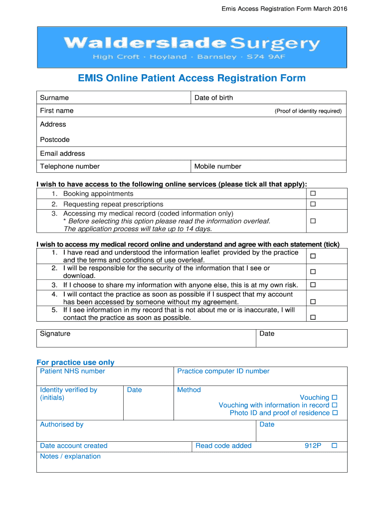 Fillable Online waldersladesurgery co EMIS Online Patient Access ...