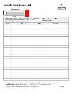 Fillable Online Sample Submission List - Animal Profiling International ...