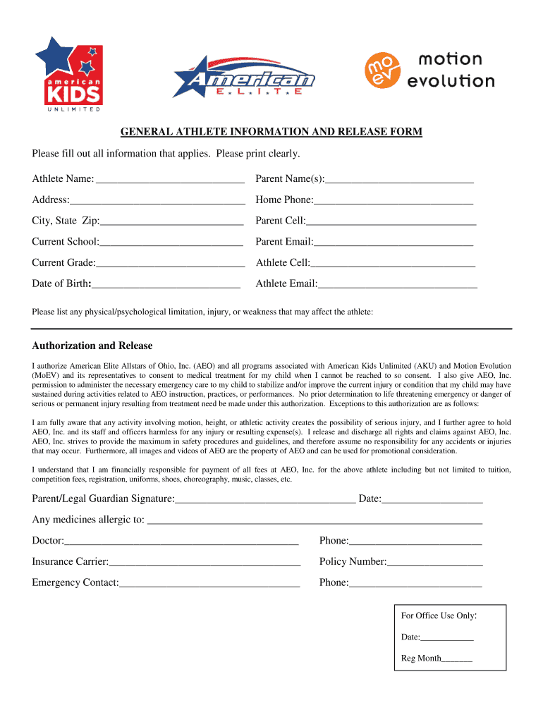 Fillable Online GENERAL ATHLETE INFORMATION AND RELEASE FORM Fax Email ...
