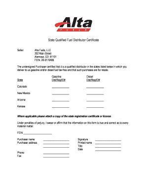 Fillable Online State Qualified Fuel Distributor Certificate Fax Email ...