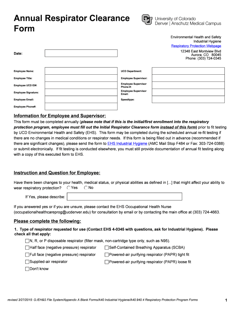 Fillable Online ucdenver Annual Respirator Clearance Fax Email Print ...