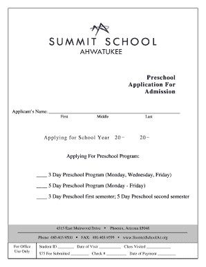 Fillable Online summitschoolaz Preschool Application For Admission ...
