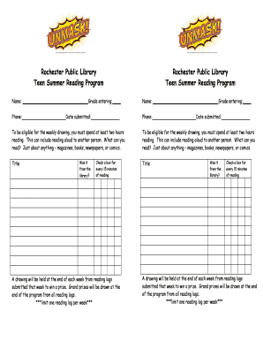 Fillable Online rpl lib nh Rochester Public Library Teen Summer Reading ...