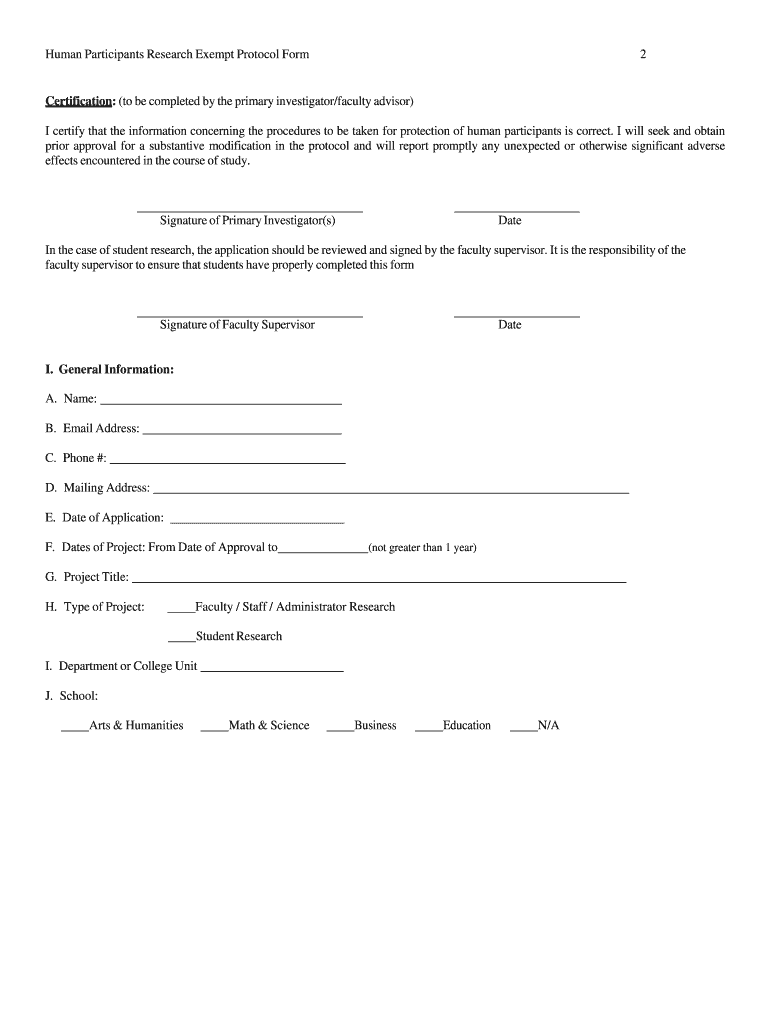 Fillable Online Exempt IRB Form - The College of Saint Rose Fax Email ...