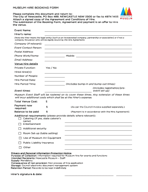Fillable Online MUSEUM HIRE BOOKING FORMMUSEUM HIRE BOOKING FORM Fax ...
