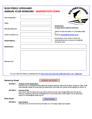 Fillable Online rlss-poole org Club Honours Nomination Form - RLSS Poole Lifeguard Fax Email ...