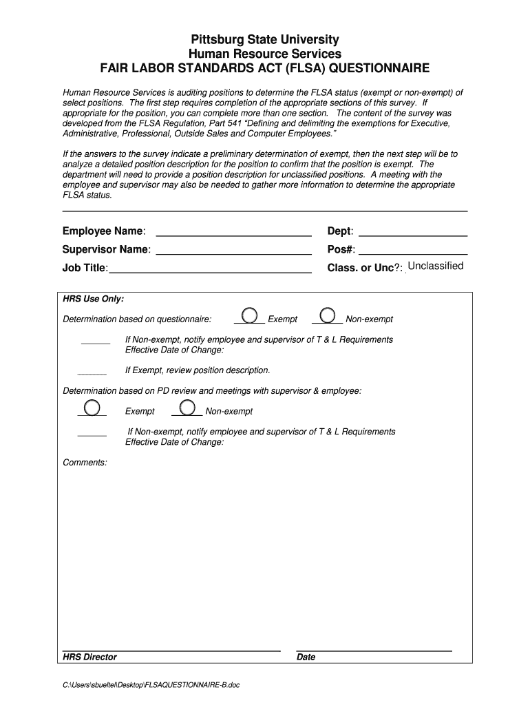 Fillable Online pittstate FLSA bQUESTIONNAIREb - Pittsburg State ...