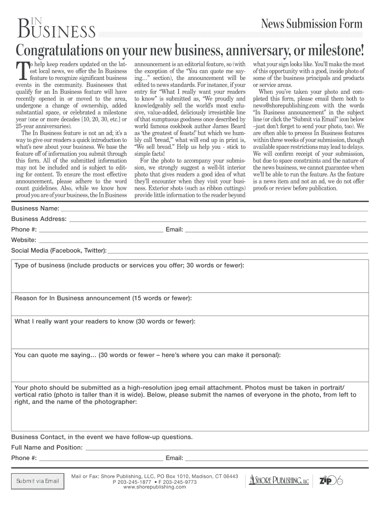 Fillable Online BSubmitb a New Business Announcement - Zip06com Fax ...