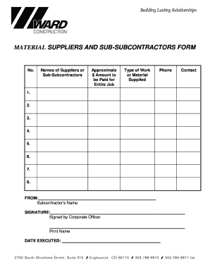 Fillable Online Material Suppliers And Sub-Subcontractors Form Fax ...