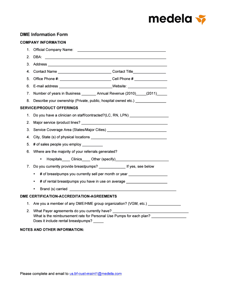 Fillable Online DME Information Form - Medela Fax Email Print - pdfFiller