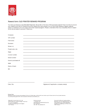 Fillable Online Reward form OLD PRINTER REWARD PROGRAM - MakerBot Fax ...