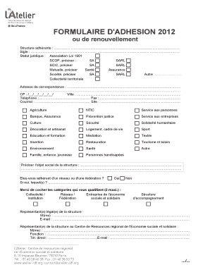 Fillable Online atelier-idf FORMULAIRE D039ADHESION 2012 - batelierb ...